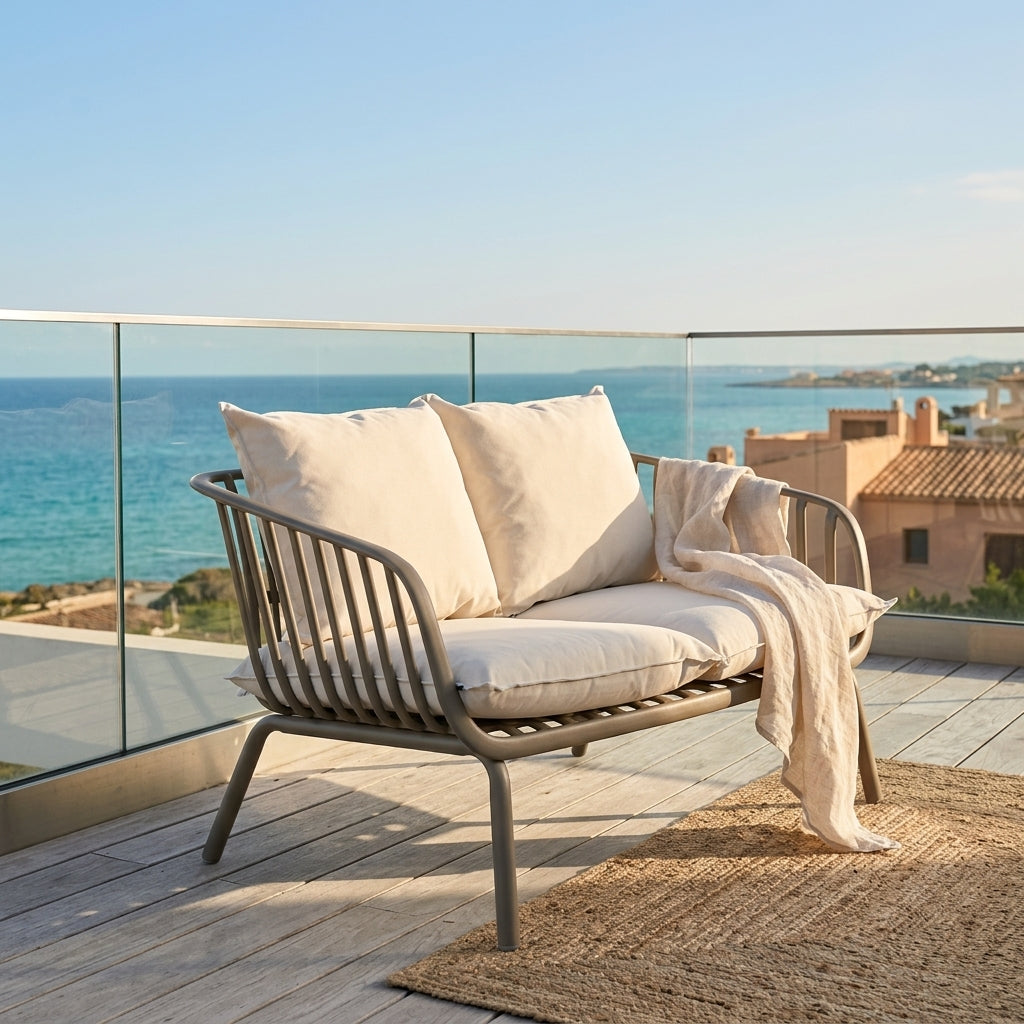 Buy Owen Light Grey Modern Outdoor 2-Seater Sofa with Cream Cushion in ...