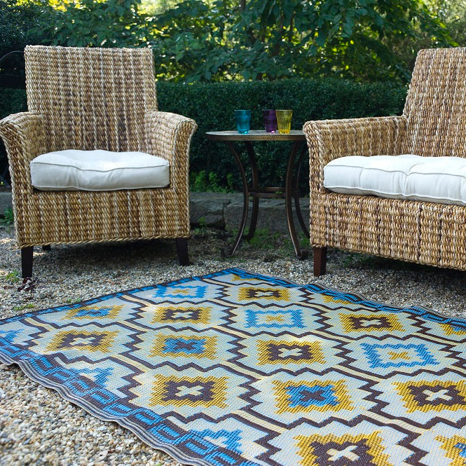 Buy Lhasa Royal Blue and Chocolate Brown Outdoor Rug Online Australia